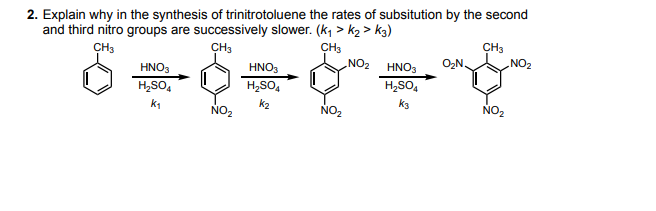 Solved 2. Explain why in the synthesis of trinitrotoluene | Chegg.com