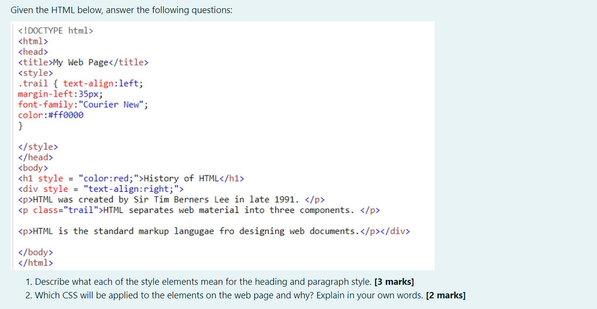 Solved Given the HTML below, answer the following questions: | Chegg.com