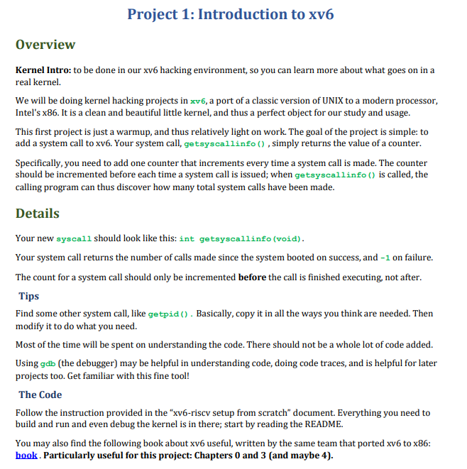 Project 1: Introduction to xv6 Overview Kernel Intro: | Chegg.com