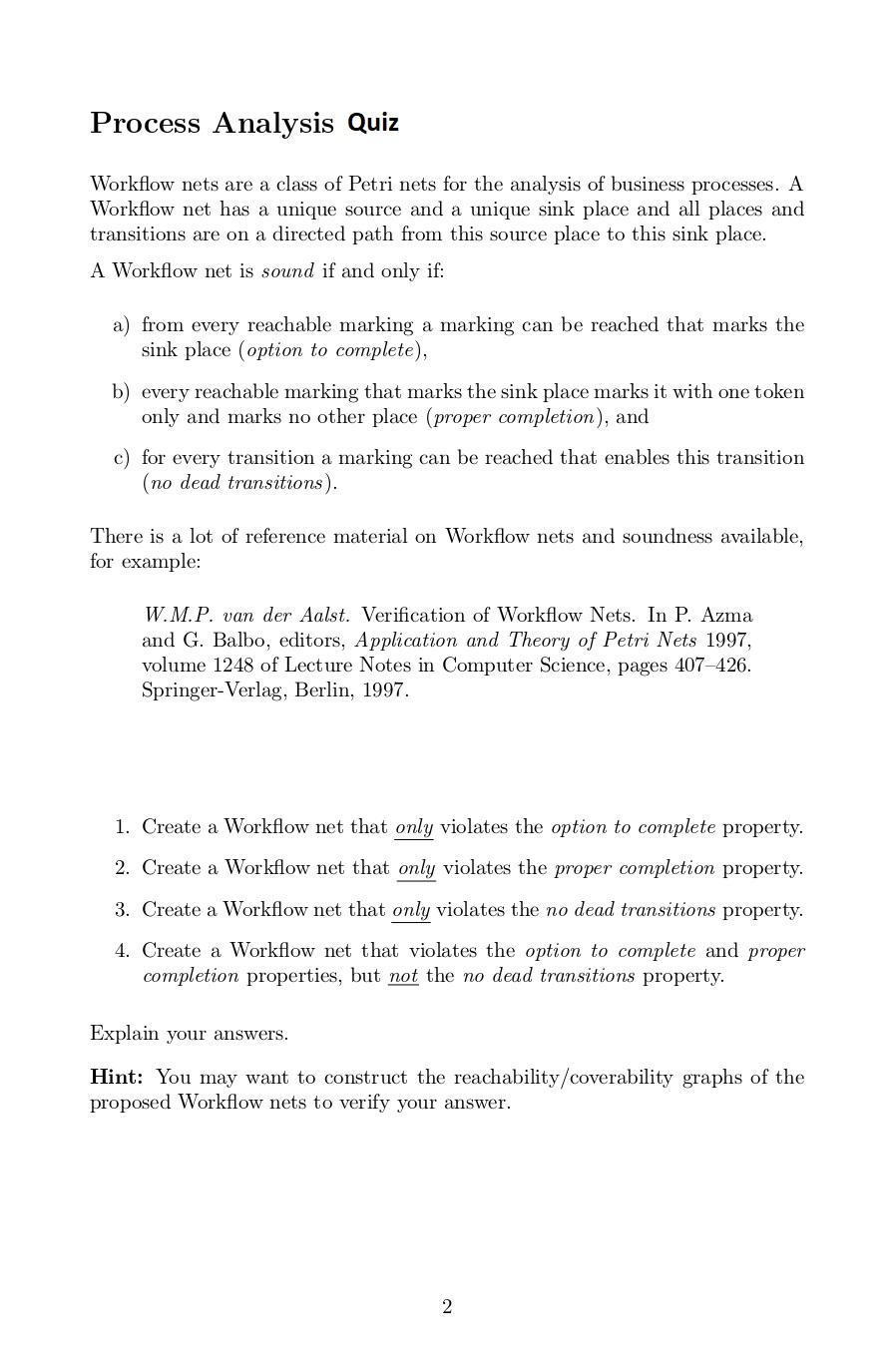 Solved Process Analysis Quiz Workflow Nets Are A Class Of 5246