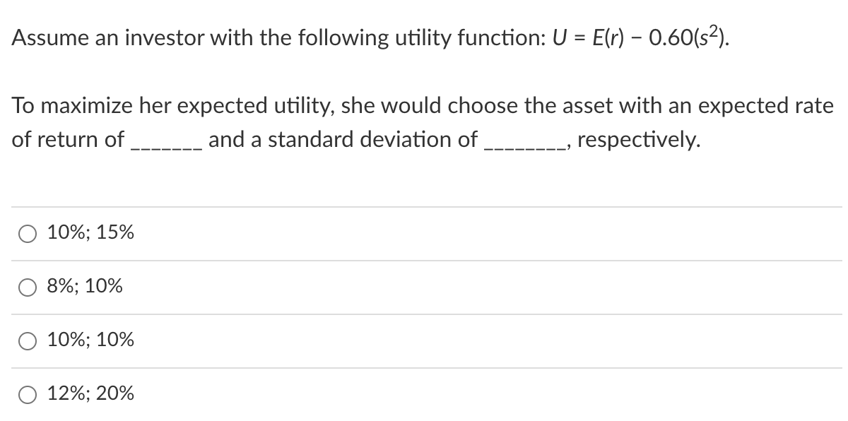 Solved Assume an investor with the following utility | Chegg.com