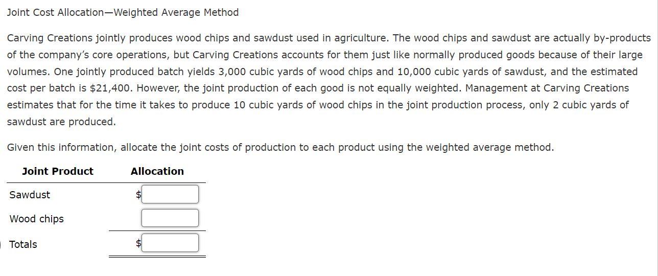 Solved Joint Cost Allocation-Weighted Average Method Carving | Chegg.com