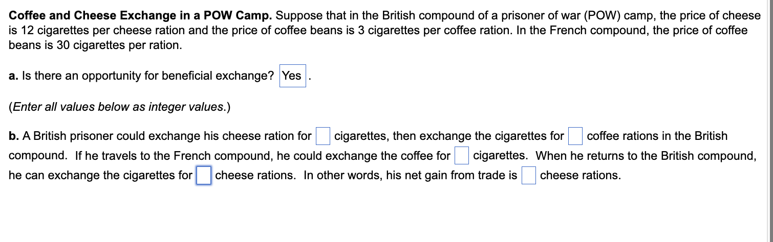 Solved Coffee and Cheese Exchange in a POW Camp. Suppose | Chegg.com