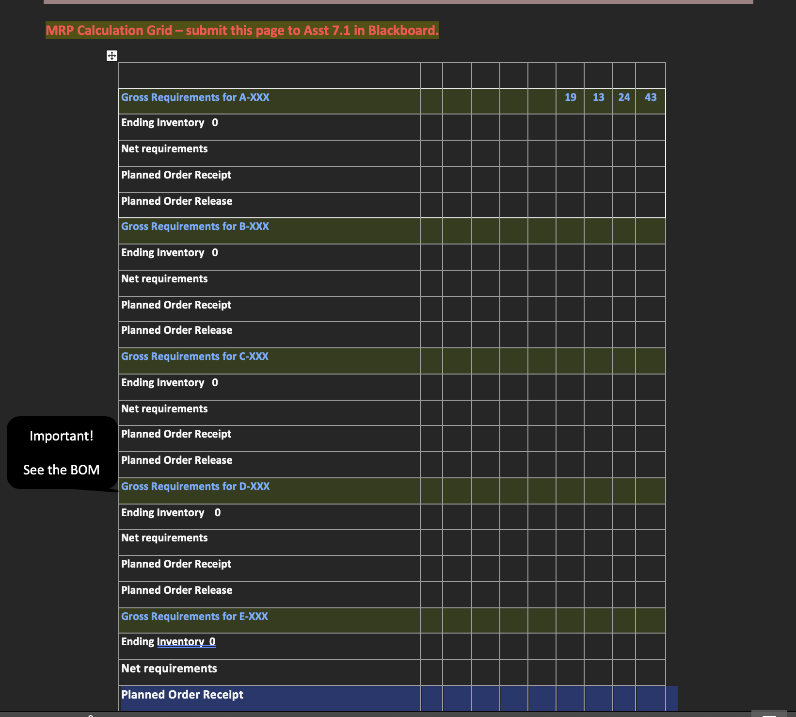 Solved Material Requirements Planning Exercise Assignment | Chegg.com