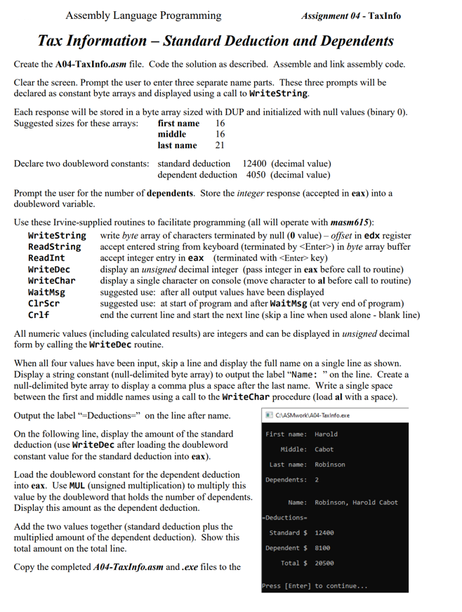 Solved Assembly Language Programming Assignment 04 - TaxInfo | Chegg.com