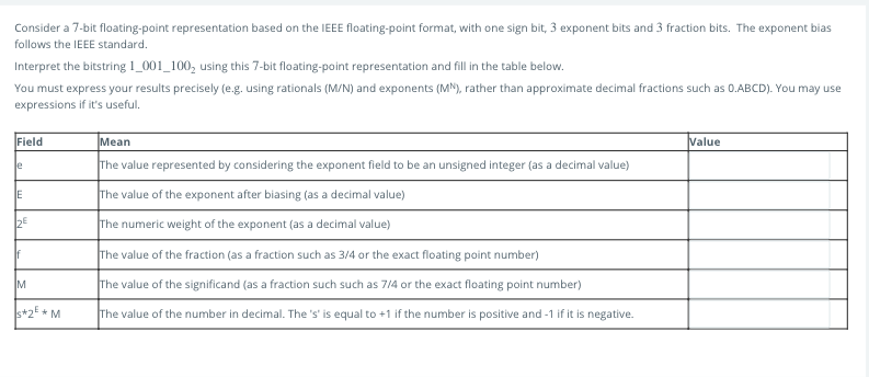 Solved Consider a 7-bit floating-point representation based | Chegg.com