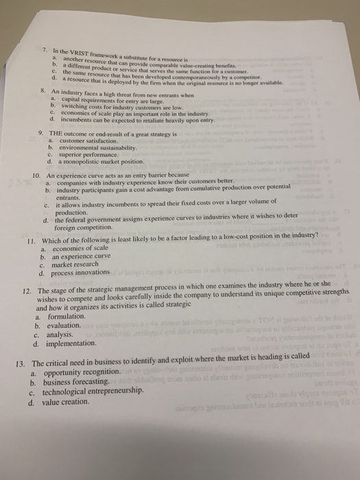 Solved 7. In the VRIST framework a substitoute for a | Chegg.com