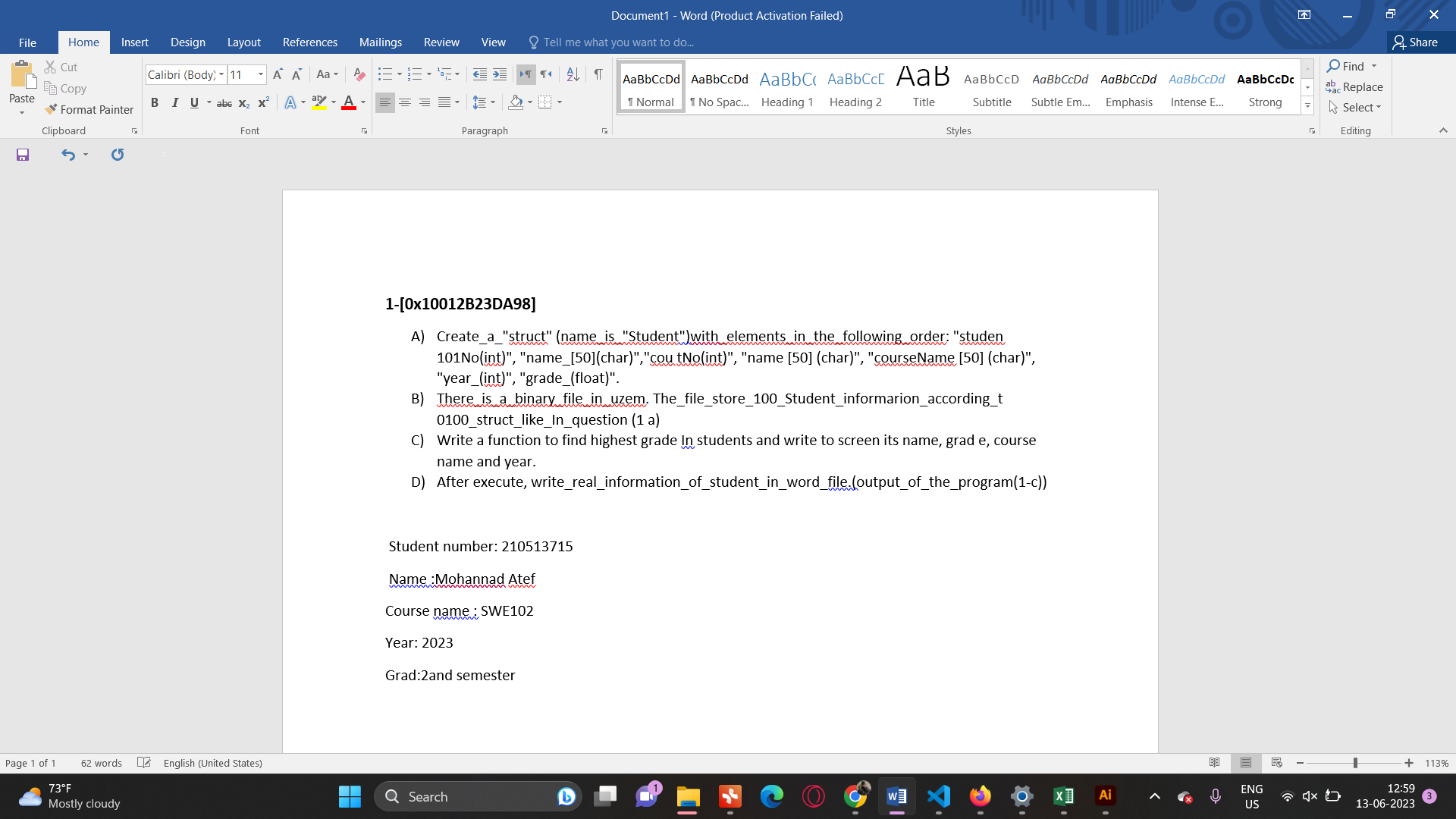 Solved 1-[0x10012B23DA98] A) Create_a_"struct" (name is | Chegg.com