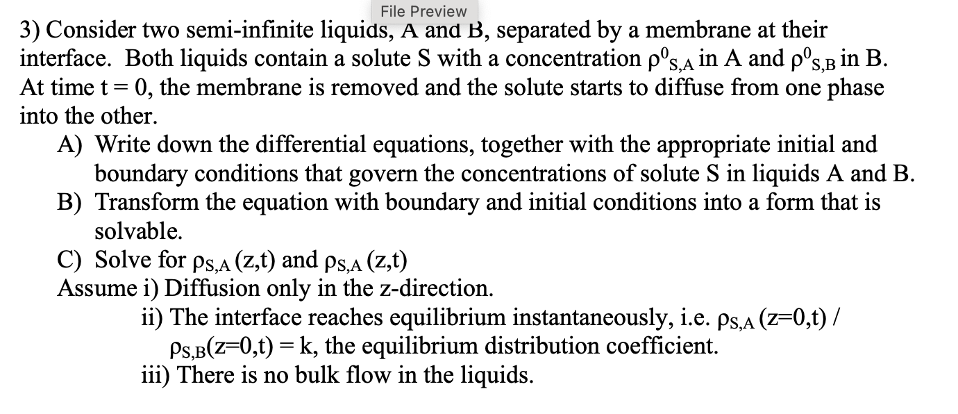 Consider two semi-infinite liquids, A and B , | Chegg.com