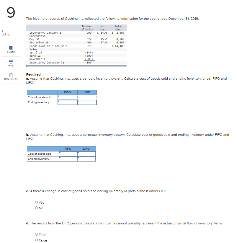 Solved 9 1 points The inventory records of Cushing Inc. | Chegg.com