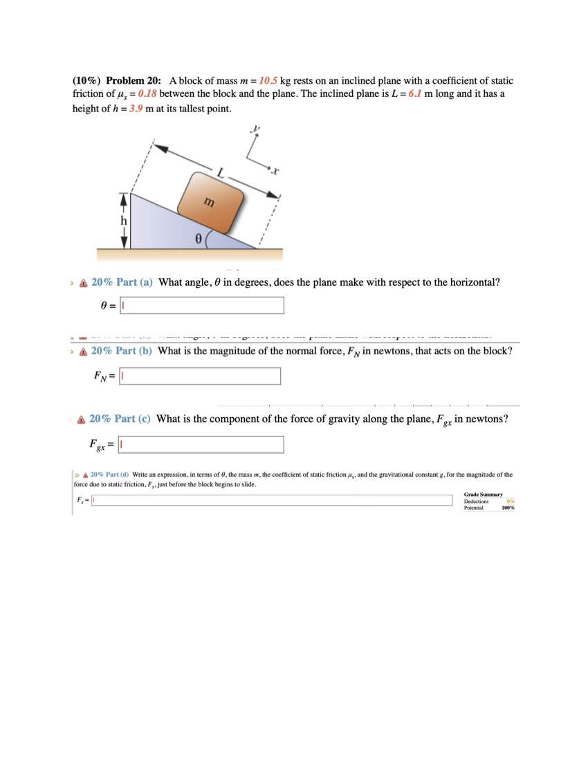 Solved (10\%) Problem 20: A block of mass m=10.5 kg rests on | Chegg.com