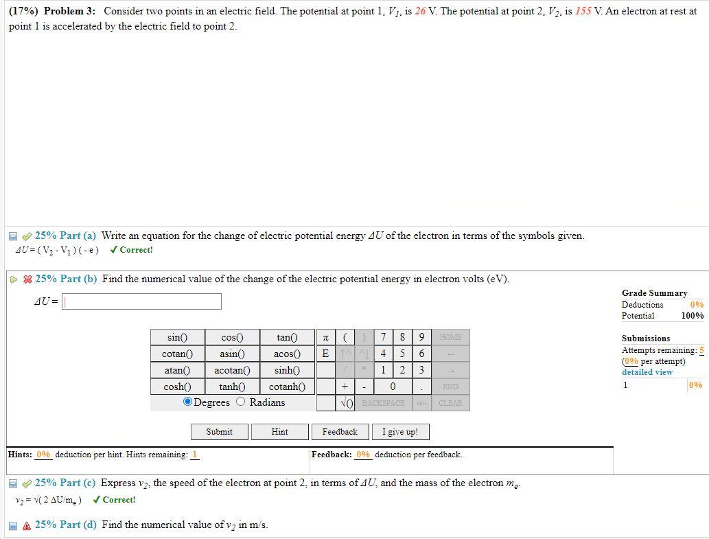 Solved (17%) Problem 3: Consider two points in an electric | Chegg.com