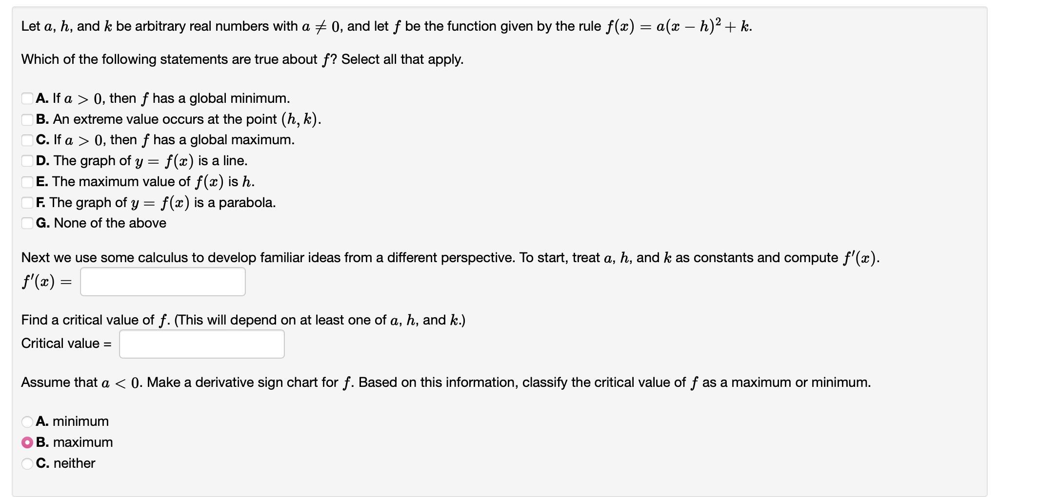 Solved Let a,h, and k be arbitrary real numbers with a =0, | Chegg.com