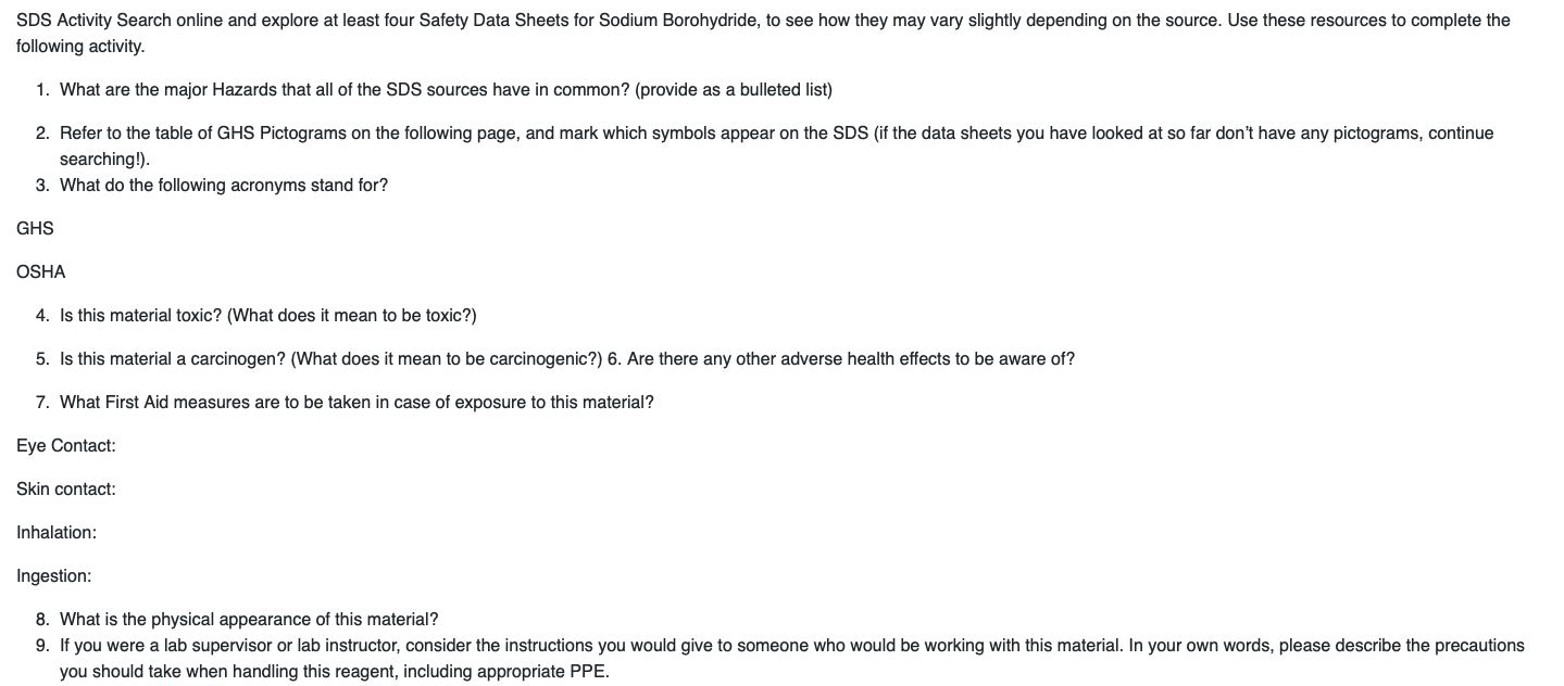 Solved SDS Activity Search online and explore at least four | Chegg.com