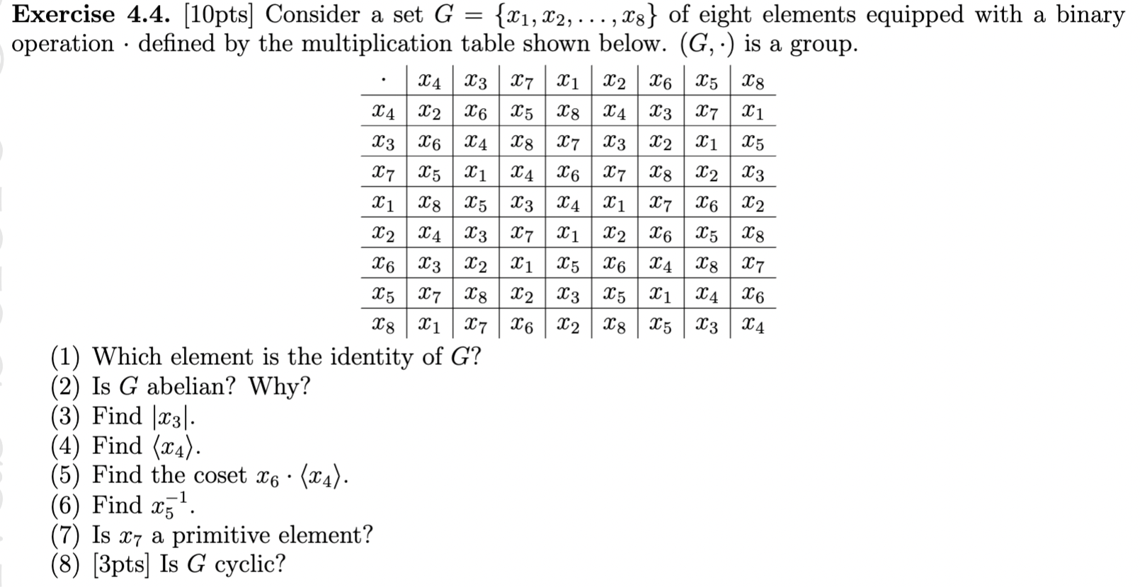 Solved Exercise 4.4. [10pts] Consider a set G={x1,x2,…,x8} | Chegg.com