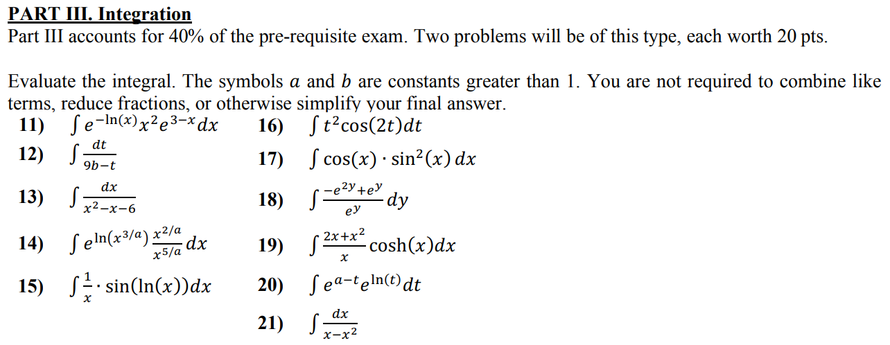 Solved PART III. Integration Part III accounts for 40% of | Chegg.com
