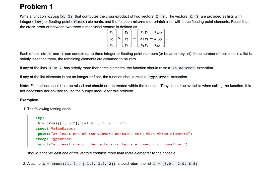 Solved Problem 1 Write a function cross (X, Y) that computes | Chegg.com