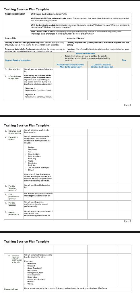 Training Session Plan Template NEEDS ASSESSMENT WHO | Chegg.com