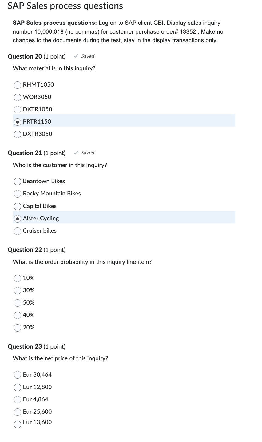 SAP Sales process questions SAP Sales process | Chegg.com