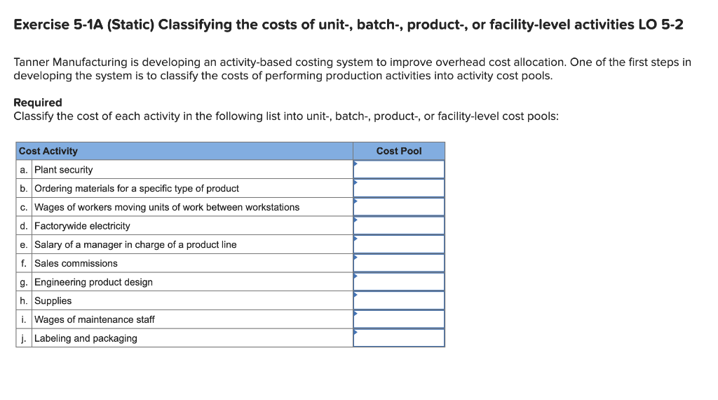 Solved Exercise 5-1A (Static) Classifying the costs of | Chegg.com