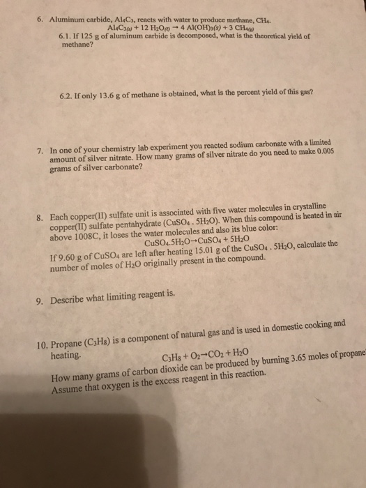 Solved 6. Aluminum carbide, Al4C3, reacts with water to | Chegg.com