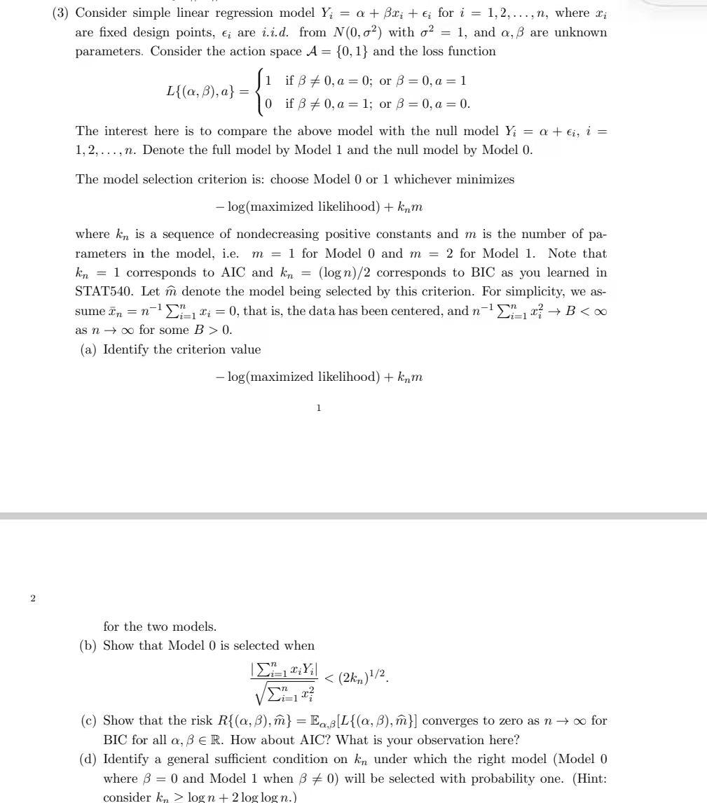 (3) Consider simple linear regression model Y; = a + | Chegg.com