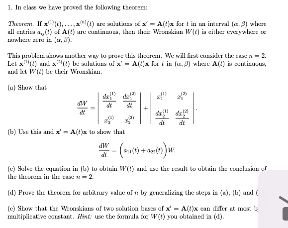 Solved 1. In class we have proved the following theorem: | Chegg.com