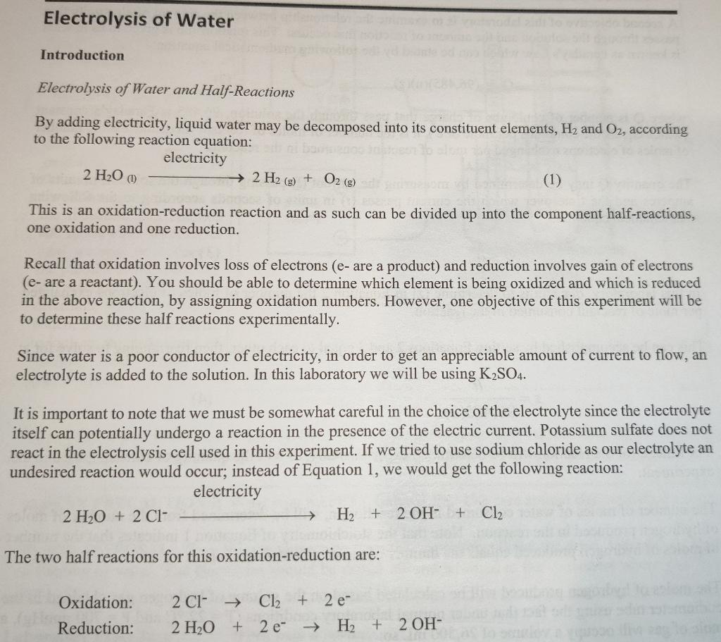 Solved Electrolysis of Water Introduction Electrolysis of | Chegg.com