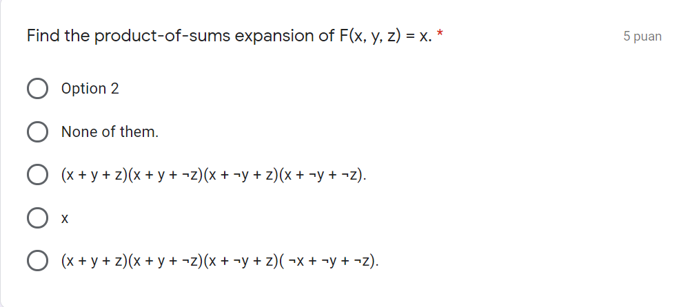 Solved Find the product-of-sums expansion of F(x, y, z) = x. | Chegg.com