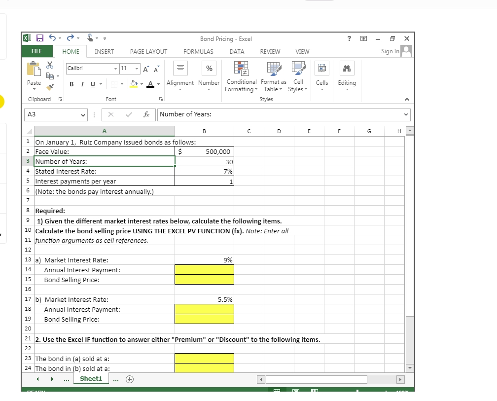 Solved alculate the price of a bond using the Excel PV | Chegg.com