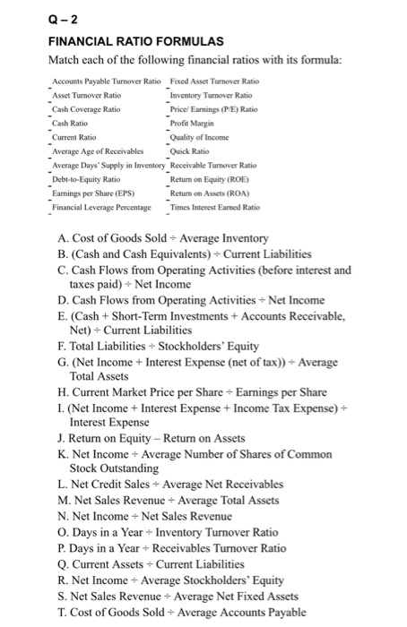 Solved Q-2 FINANCIAL RATIO FORMULAS Match each of the | Chegg.com