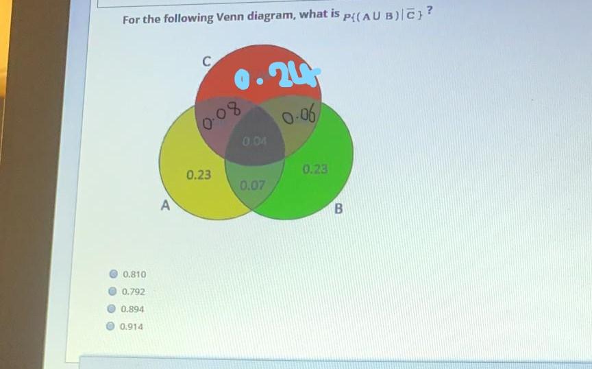 Solved For the following Venn diagram, what is P{(AUB) C)? C | Chegg.com