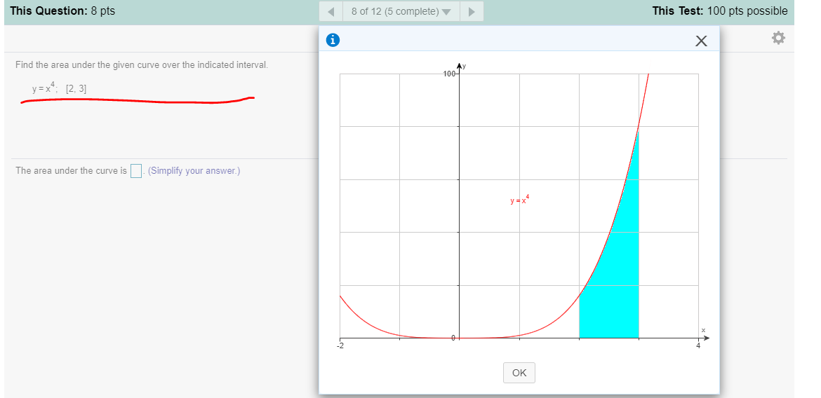 Solved Find the area under the given curve over the | Chegg.com