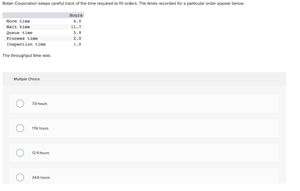 Solved The throughput time was: Multiple Choice 7.0 hours | Chegg.com