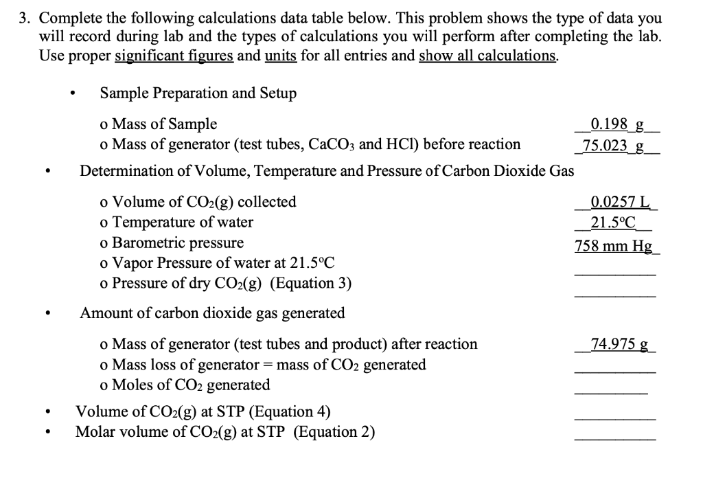 Solved 3. Complete the following calculations data table | Chegg.com