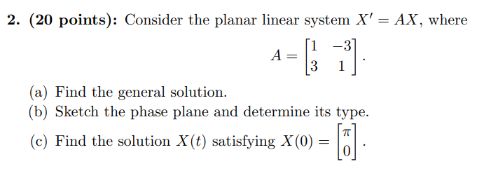 (20 ﻿points): Consider the planar linear system | Chegg.com