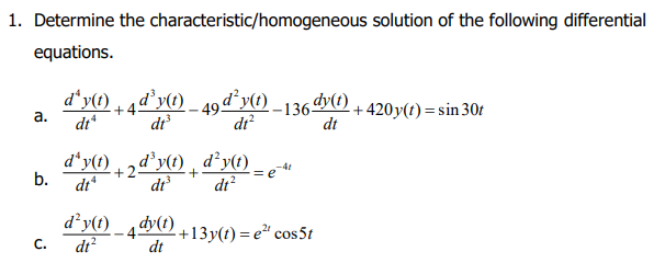 Solved 1. Determine the characteristic/homogeneous solution | Chegg.com