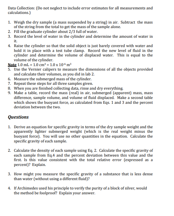 Lab 10: Archimedes' Principle Introduction According | Chegg.com