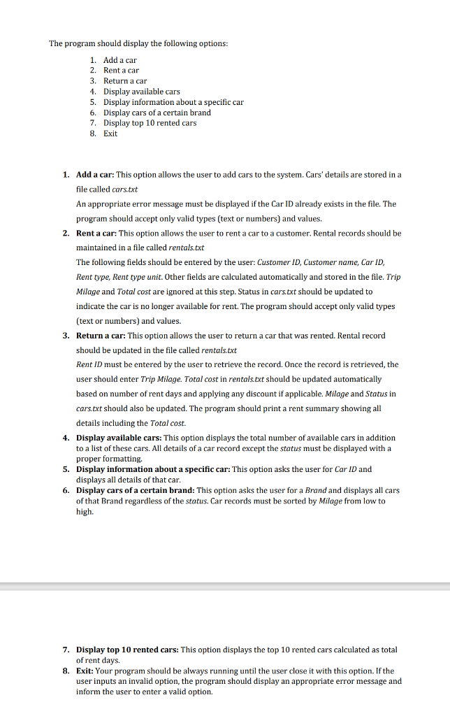 Solved A Car Rental Management System. can you solve it | Chegg.com