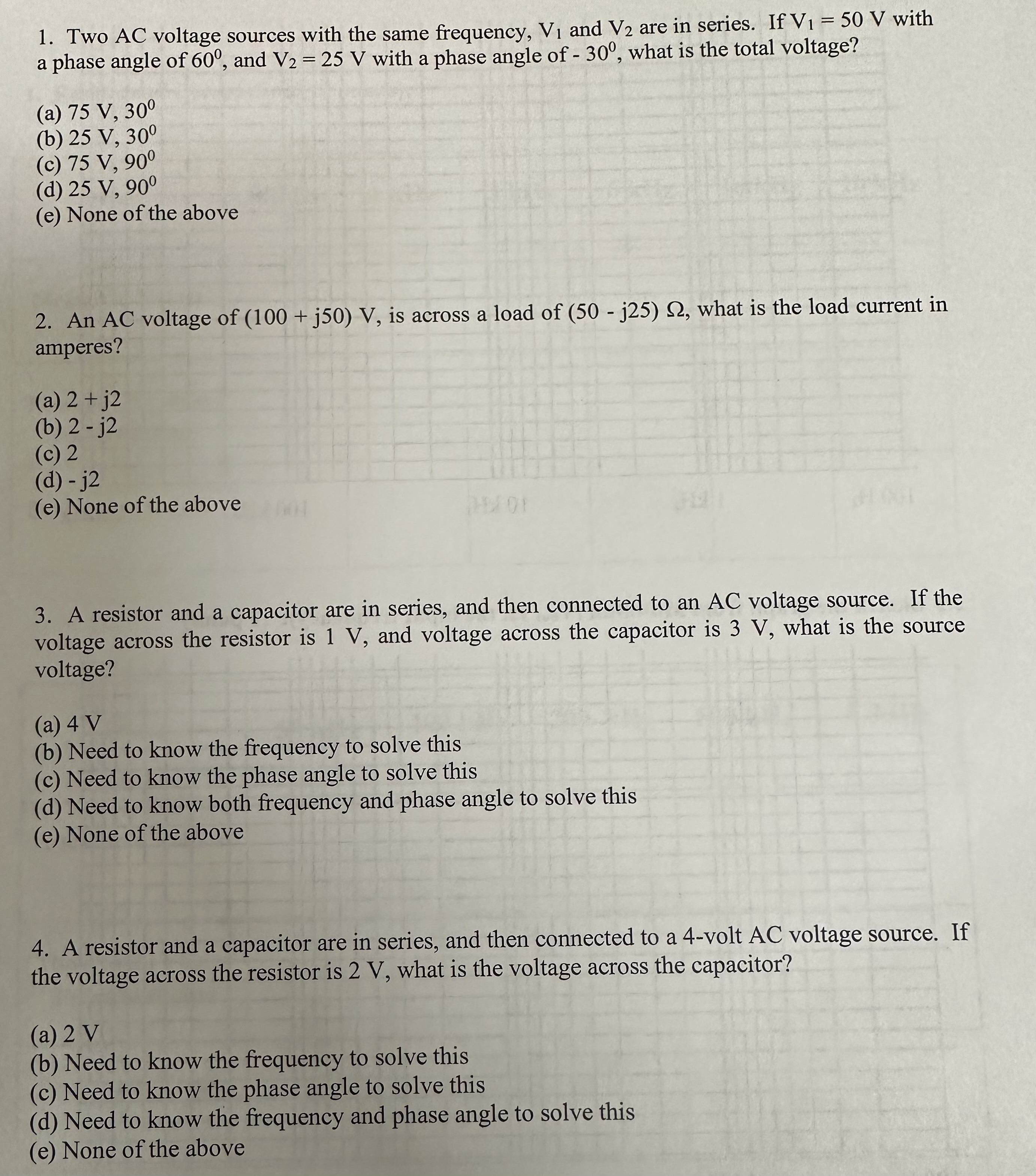 Solved 1. Two AC voltage sources with the same frequency, V1 | Chegg.com