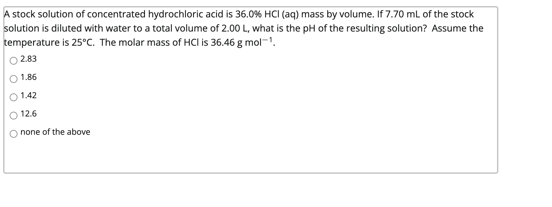 Solved A stock solution of concentrated hydrochloric acid is | Chegg.com