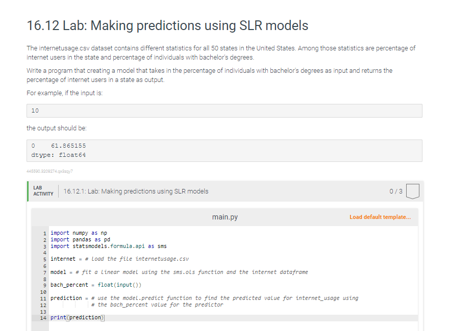 Solved 16.12 Lab: Making predictions using SLR models The | Chegg.com