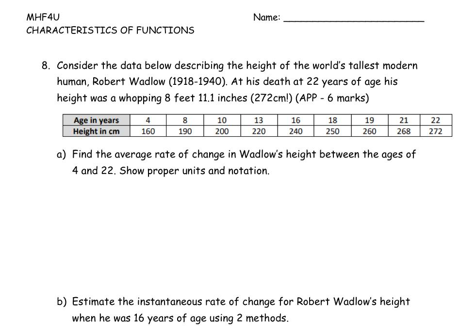 Solved MHF4U Name: CHARACTERISTICS OF FUNCTIONS 8. Consider | Chegg.com