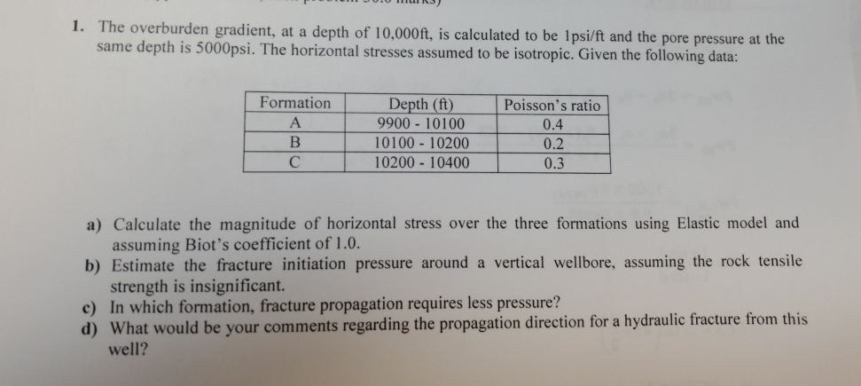 Solved 1. The overburden gradient, at a depth of 10,000ft, | Chegg.com