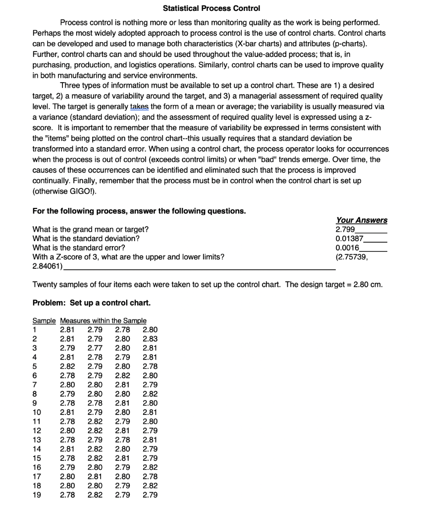 Solved Statistical Process Control Process control is | Chegg.com