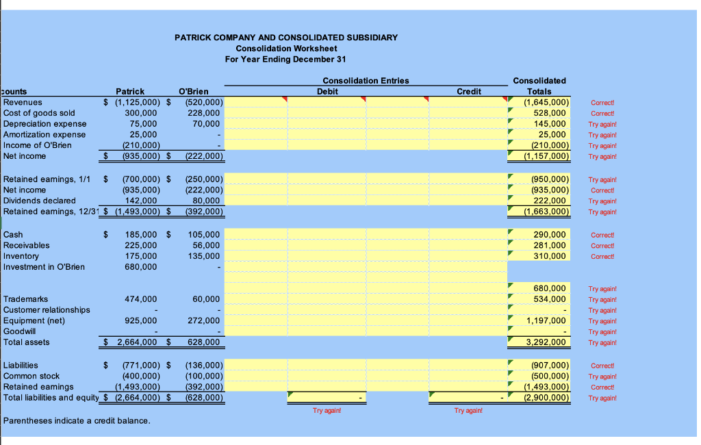 Instructions: Create a consolidated workpaper using | Chegg.com