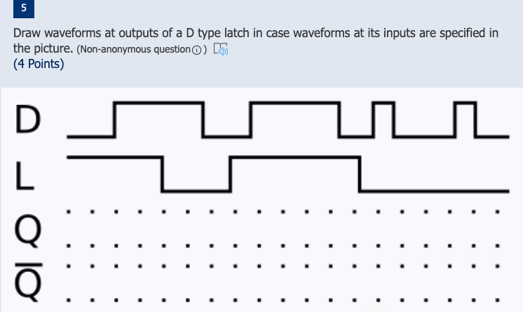 Solved 5 Draw waveforms at outputs of a D type latch in case | Chegg.com
