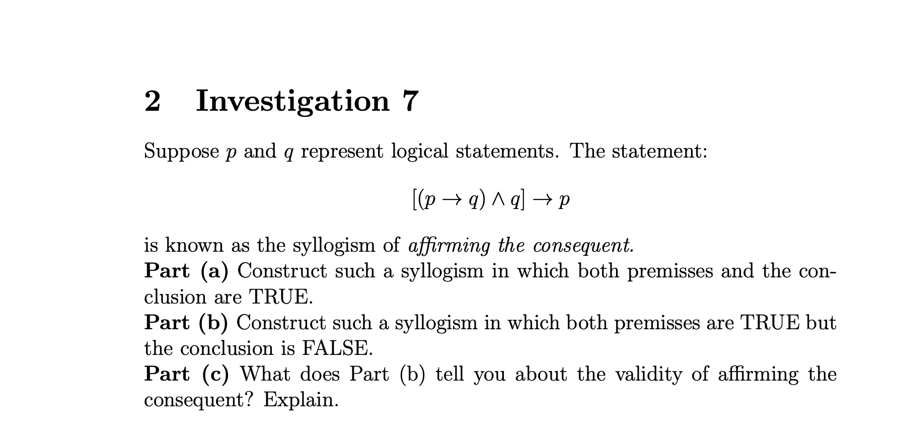Solved 2 Investigation 7 Suppose p and q represent logical | Chegg.com