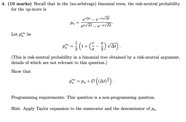 4. (10 marks) Recall that in the (no-arbitrage) | Chegg.com