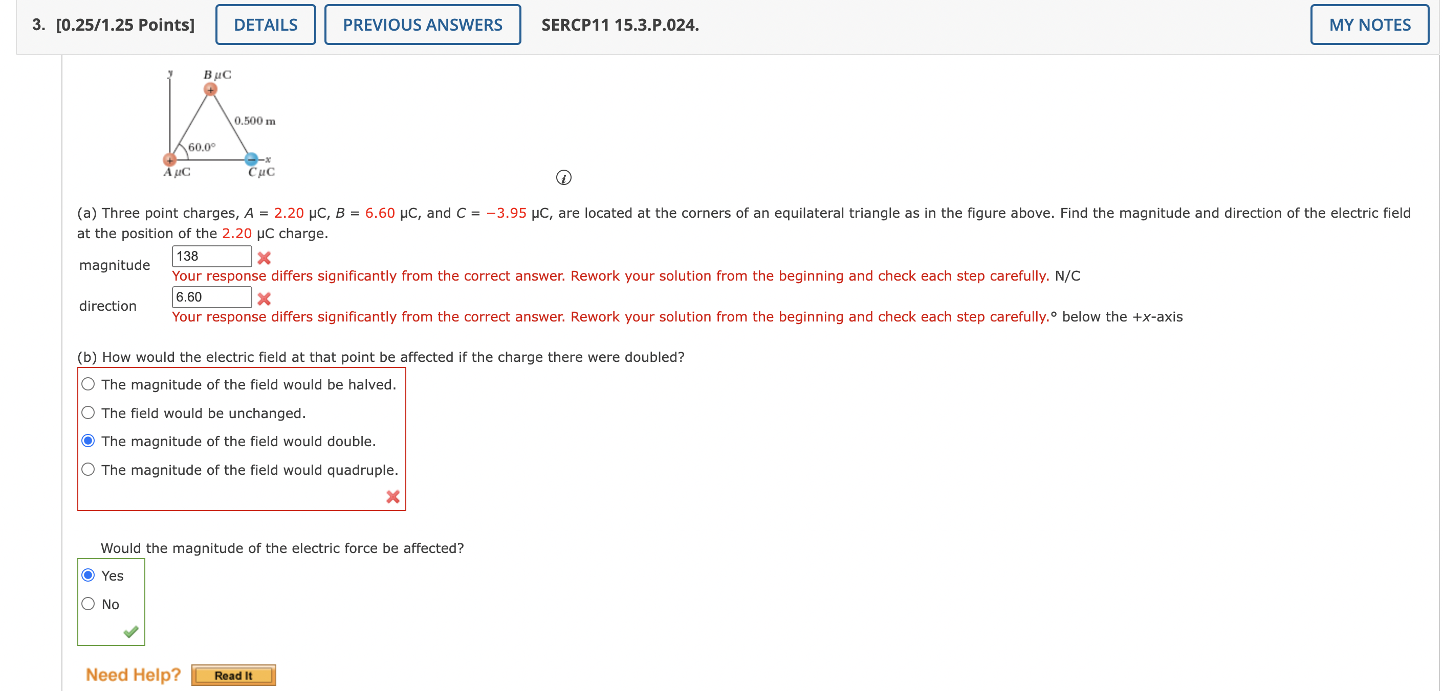 Solved at the position of the 2.20μC charge. magnitude Your | Chegg.com